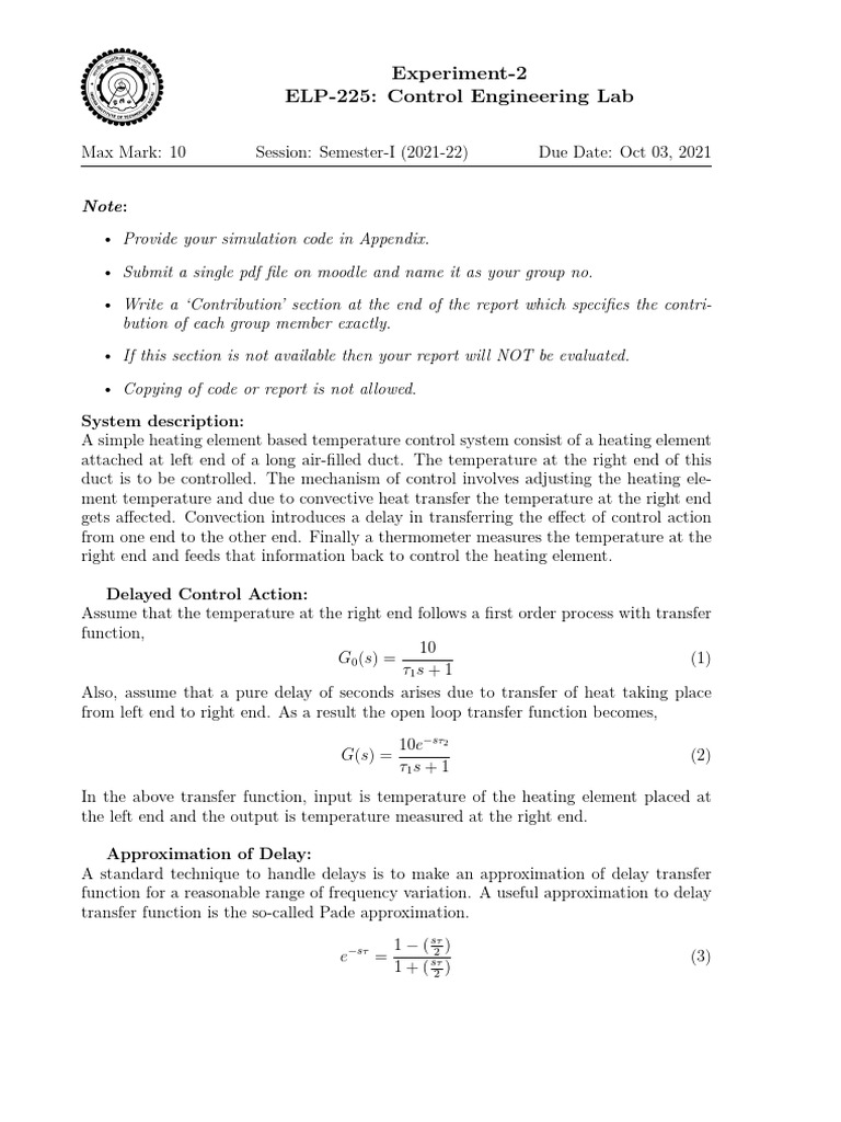 Experiment-2 ELP-225: Control Engineering Lab: Bution of Each Group ...