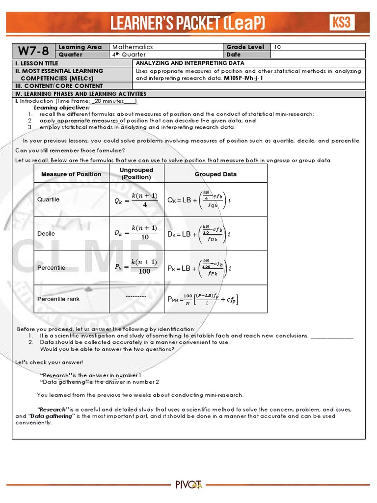 Q4 Math 10 Week 7 8 | PDF | Percentile | Quartile
