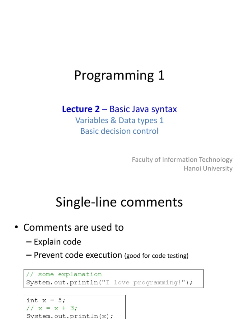 Programming 1: Lecture 2 - Basic Java Syntax | PDF | Boolean Data Type | Variable (Computer Science)