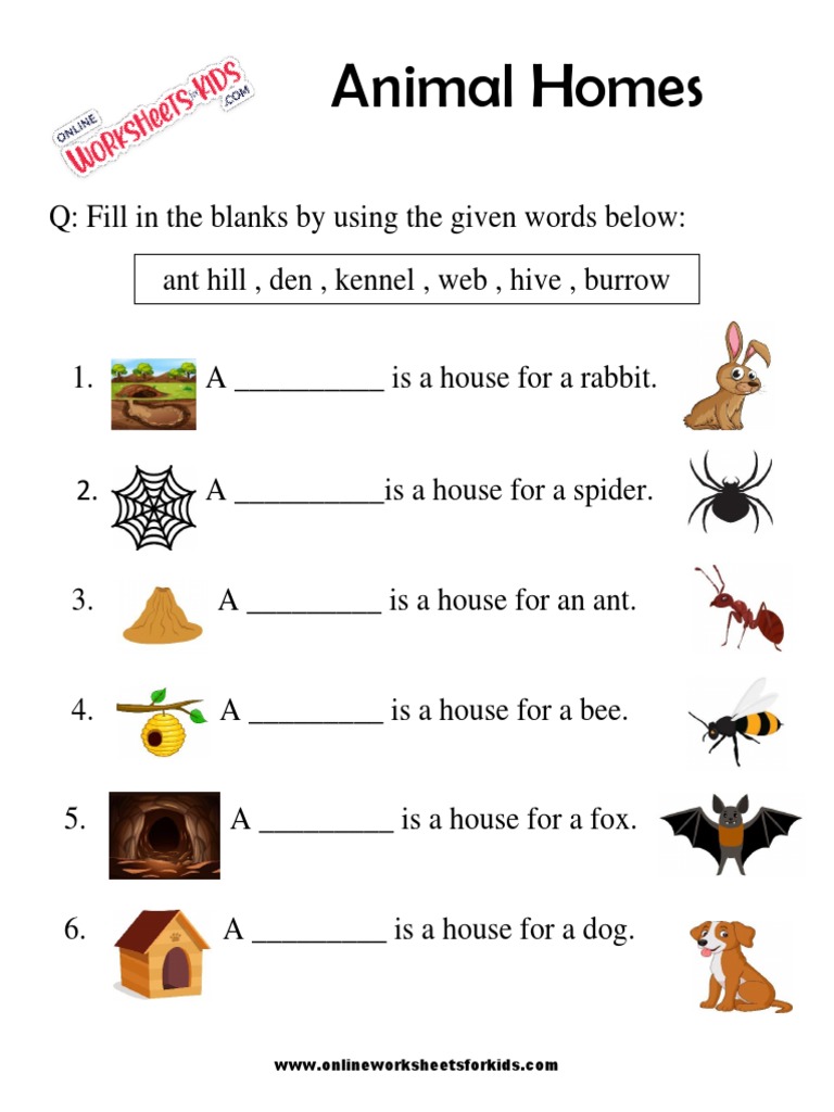 Animal Homes Worksheet For Grade 1-4 | PDF