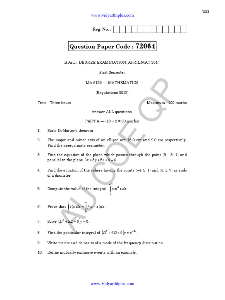 Au Coe QP: Question Paper Code | PDF | Sphere | Mathematics