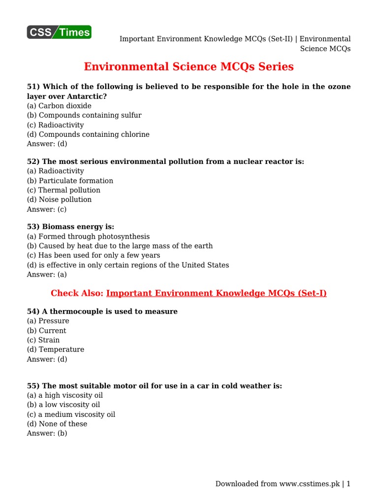 Environmental Science MCQs Set-II | PDF | Atmosphere Of Earth | Natural ...