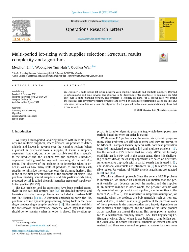 Operations Research Letters: Meichun Lin, Woonghee Tim Huh, Guohua Wan ...