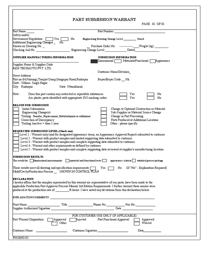 5.FM-ENG-05 Part Submission Warrant | PDF | Specification (Technical ...