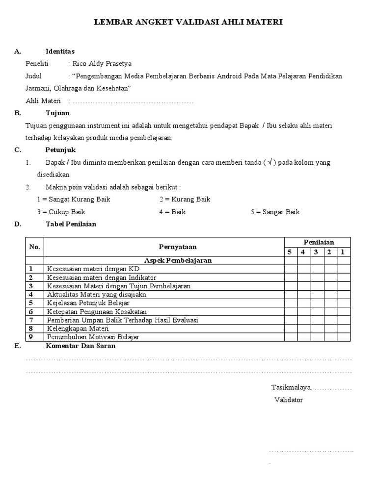 Angket Validasi Ahli Materi Pembelajaran | PDF | Bisnis | Seni