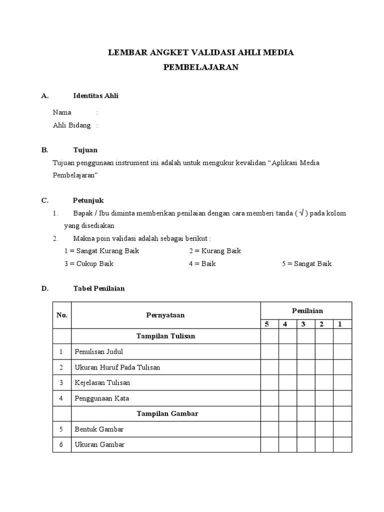 Lembar Angket Validasi Ahli Media Pembelajaran | PDF