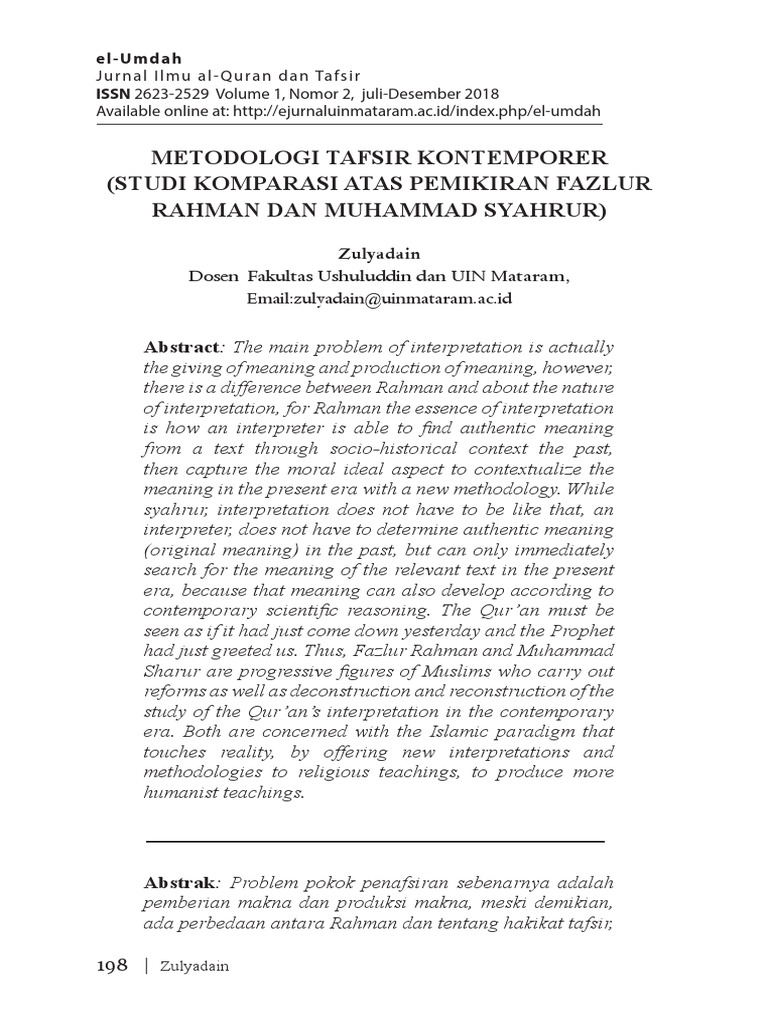 Metodologi Tafsir Kontemporer (Studi Komparasi Atas Pemikiran Fazlur Rahman Dan Muhammad Syahrur ...