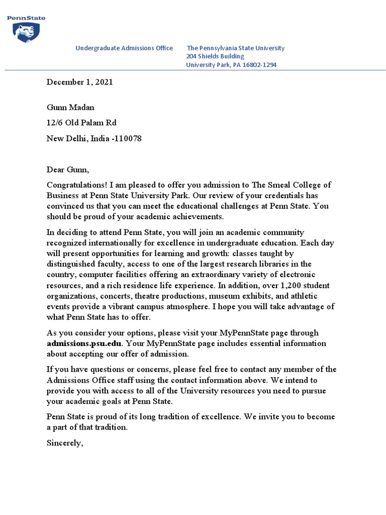 Penn State Offer Letter | PDF