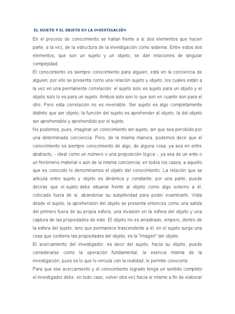 Sujeto y Objeto en la Investigación | PDF | Teoría | Método científico