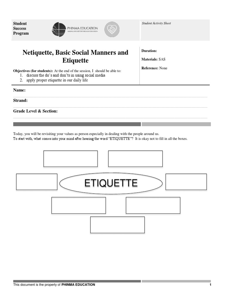 Etiquette: Netiquette, Basic Social Manners and Etiquette | PDF ...