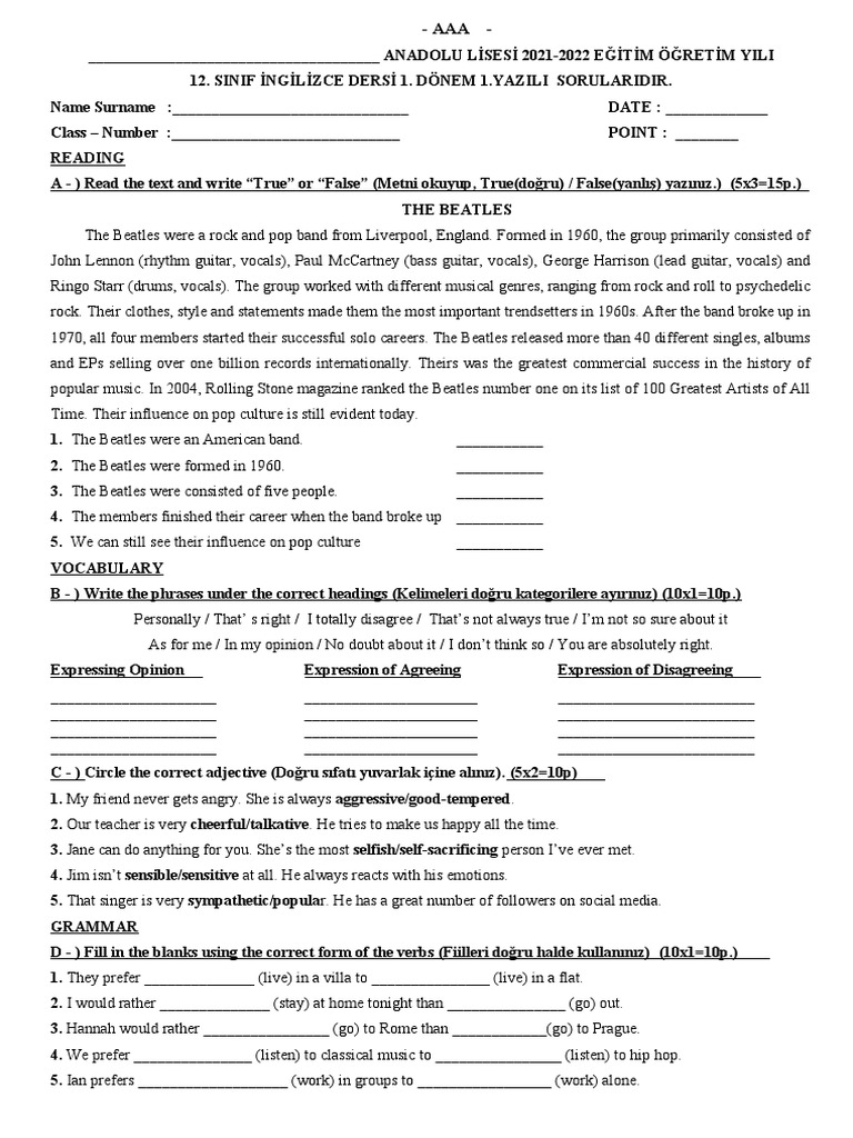12th Grade English Exam Questions | PDF | The Beatles | George Harrison