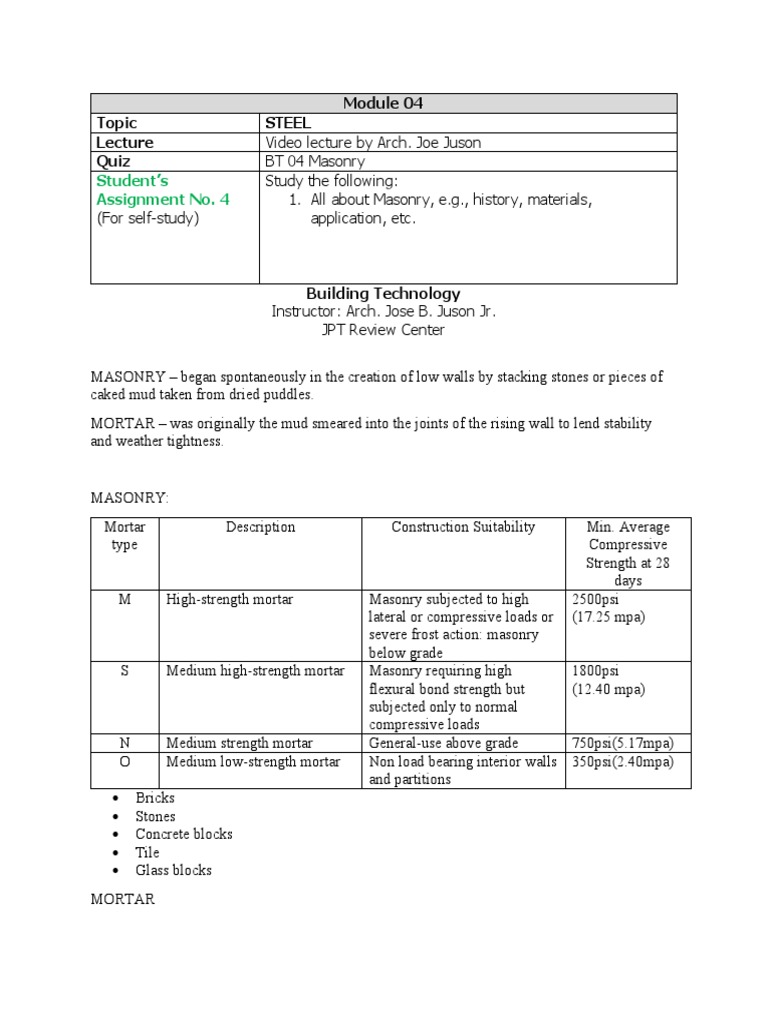 BLDG TECH Juson Assignment Lecture 4 MASONRY | PDF | Masonry | Brick
