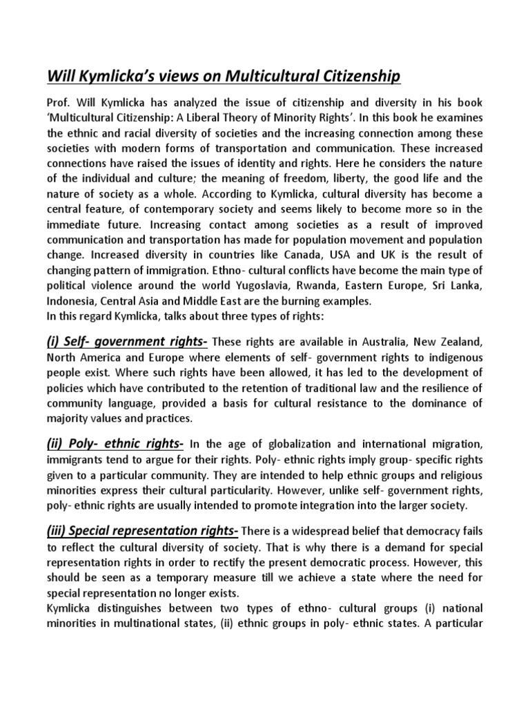 Kymlicka on Multicultural Citizenship Rights | PDF | Multiculturalism ...