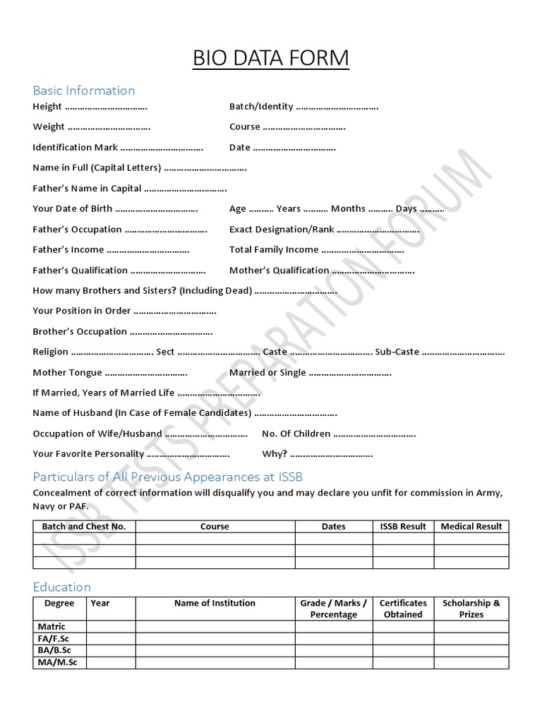 ISSB Biodata Form | PDF