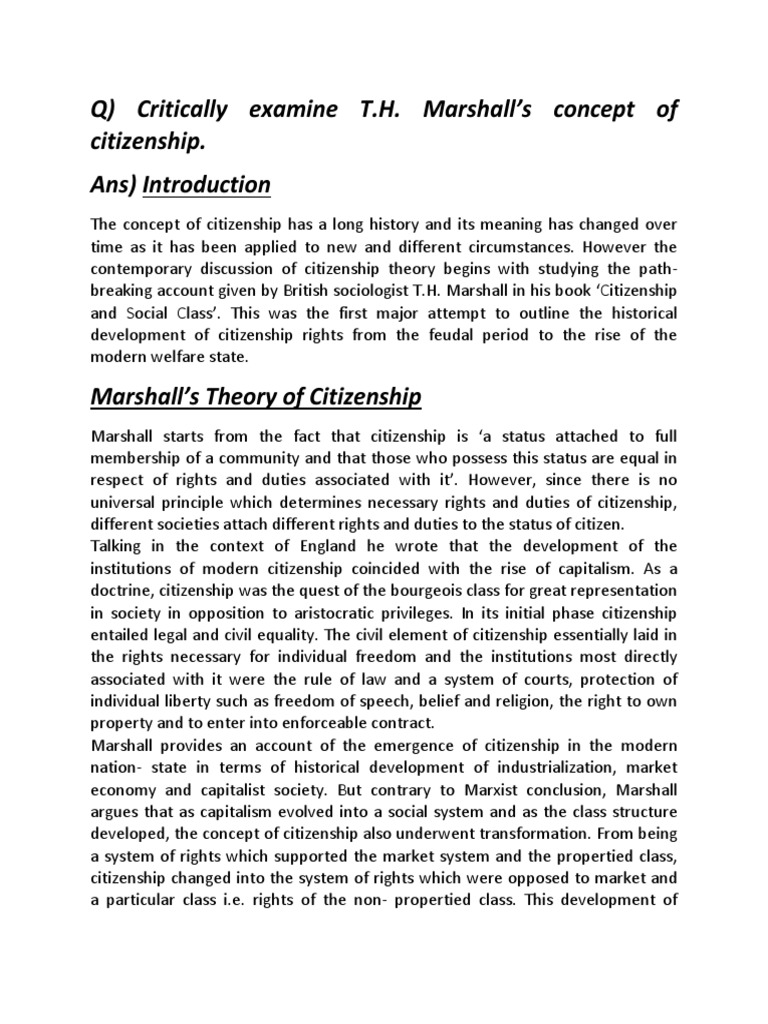 T.H. Marshall's Citizenship Theory Explained | PDF | Capitalism ...
