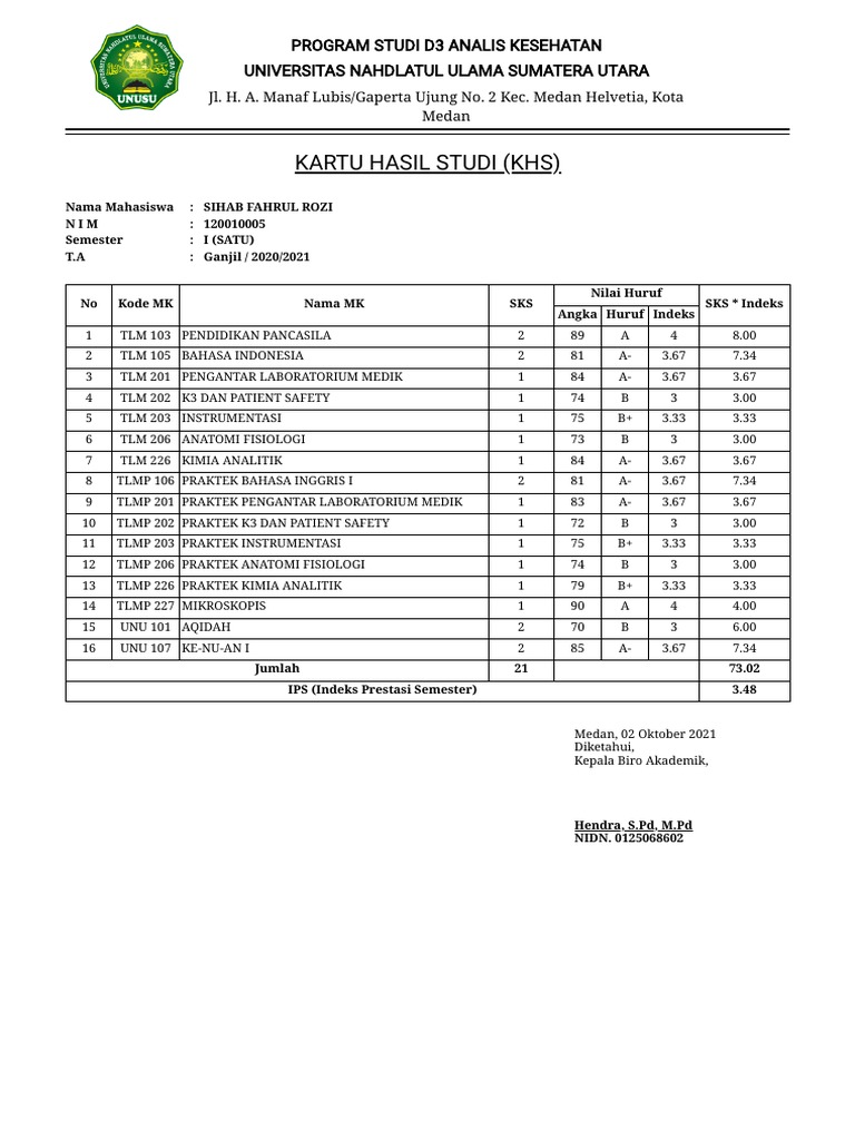 Kartu Hasil Studi Mahasiswa UNUSU | PDF