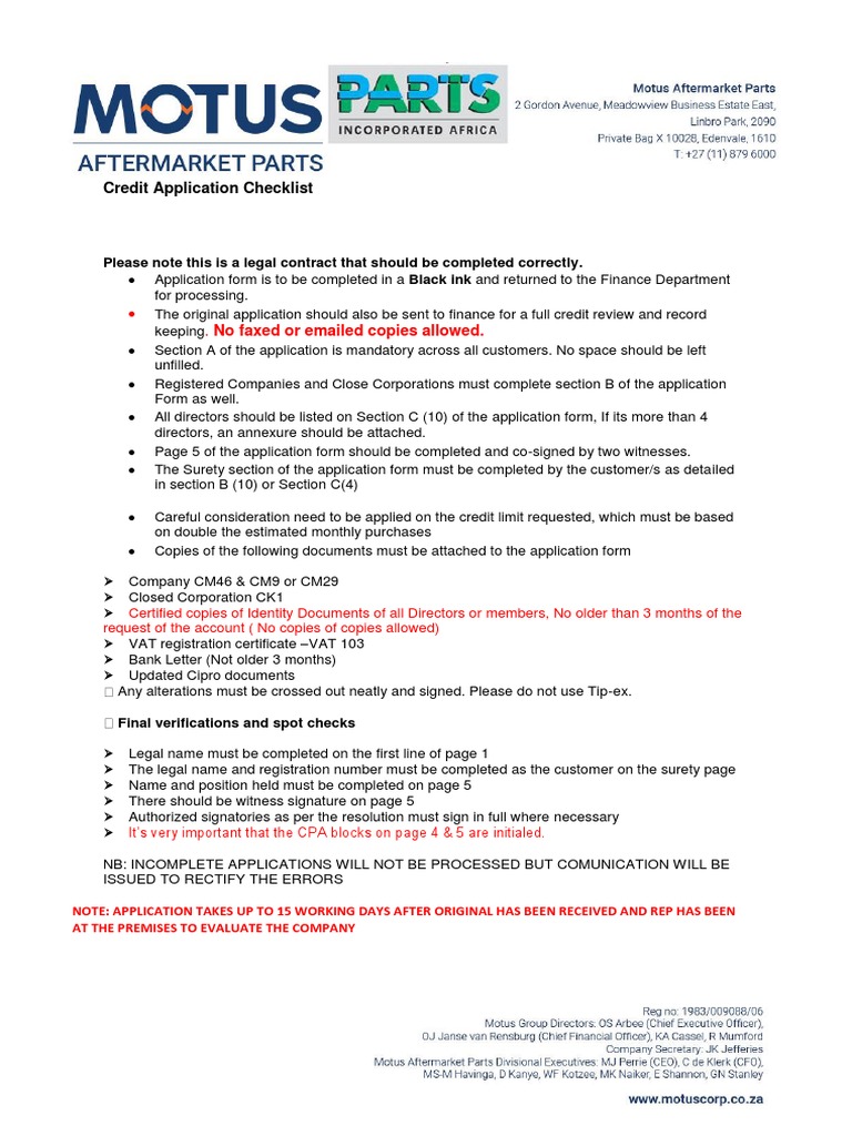 Credit Application Checklist: - No Faxed or Emailed Copies Allowed ...