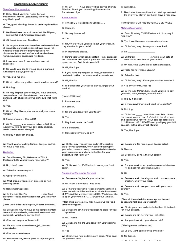 Room Service and Restaurant Procedures | PDF | Diet & Nutrition | Nutrition