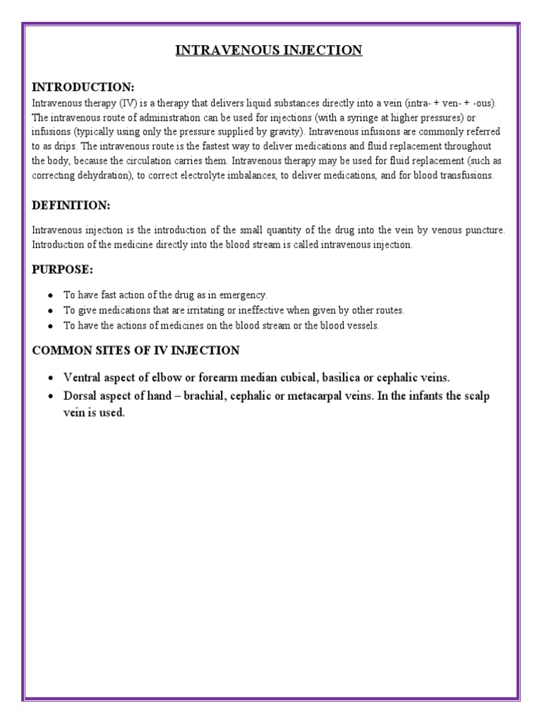Intravenous Injection | PDF | Intravenous Therapy | Injection (Medicine)