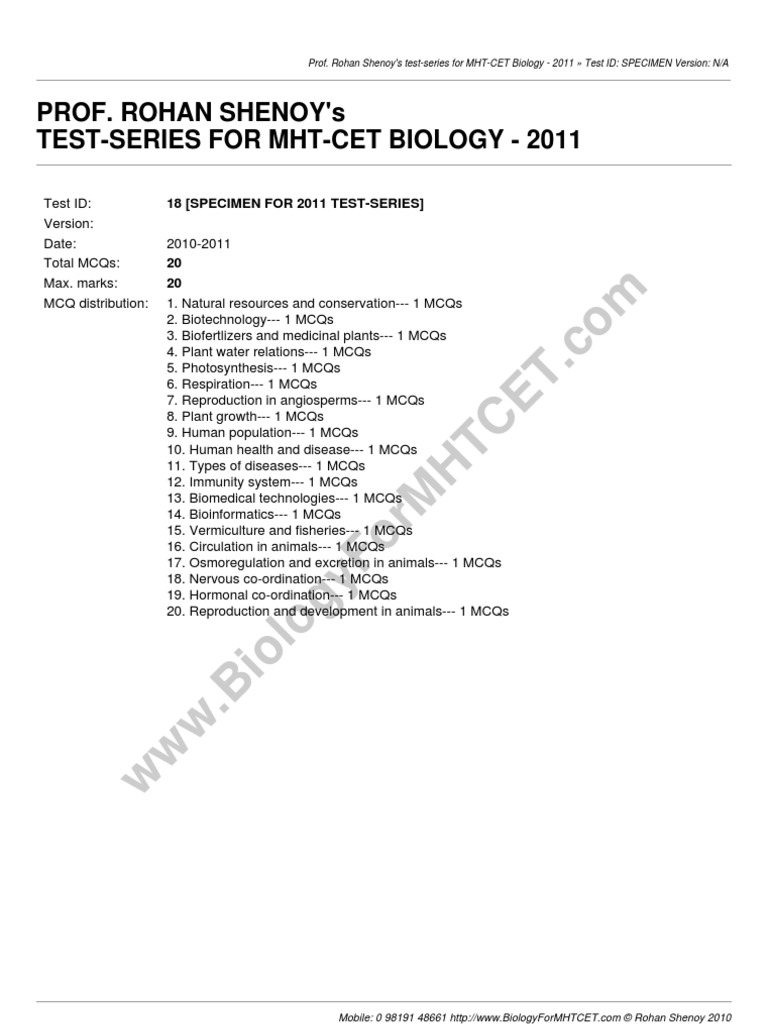 Biology Test Series Sample | PDF