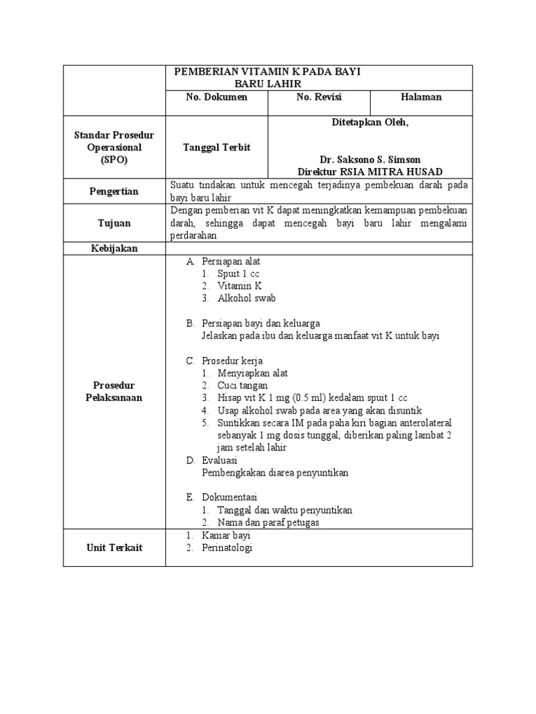 SOP PEMBERIAN VITAMIN K PADA BAYI BARU LAHIR (Mila) | PDF