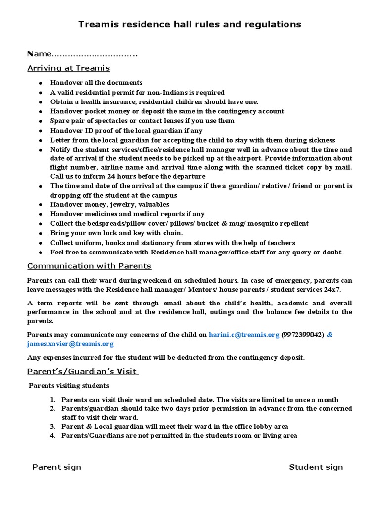Treamis Residence Hall Rules and Regulations | PDF | Dormitory ...