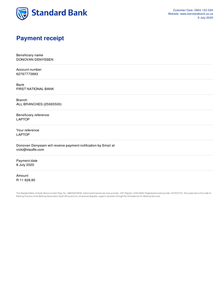 Payment Receipt: Customer Care: 0860 123 000 Website: WWW ...