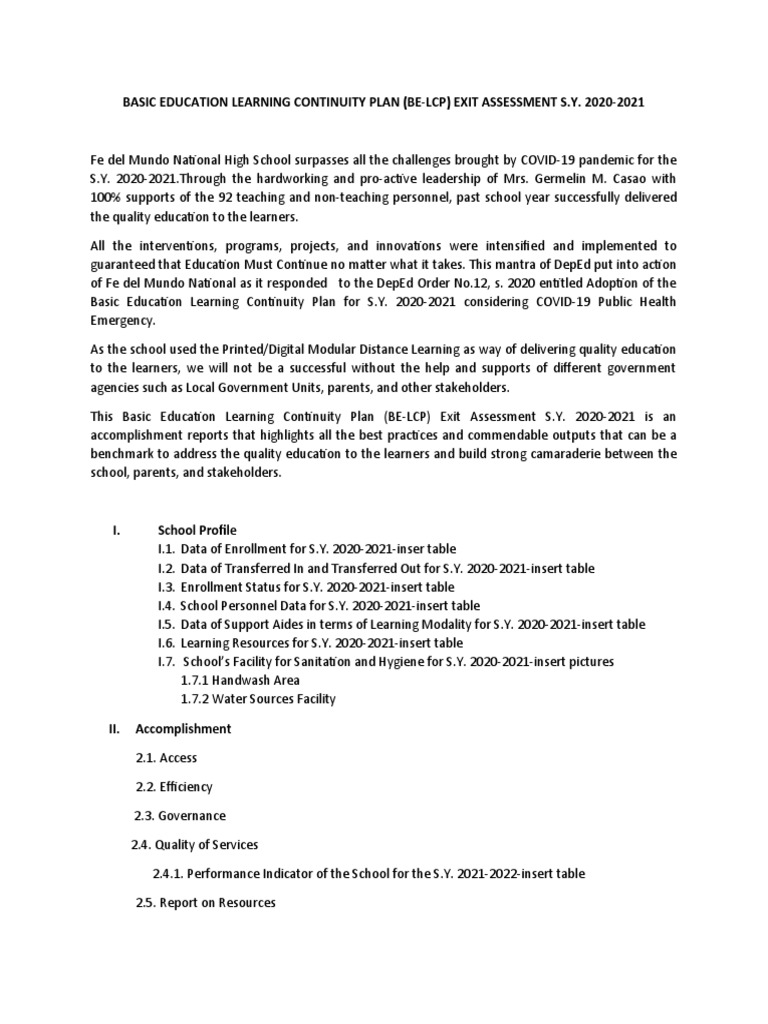 Basic Education Learning Continuity Plan (Be-Lcp) Exit Assessment S.Y ...