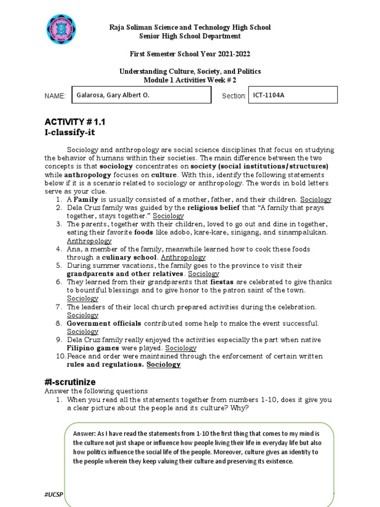 UCSP MODULE 1 Activities Week 2 | PDF | Sociology | Anthropology