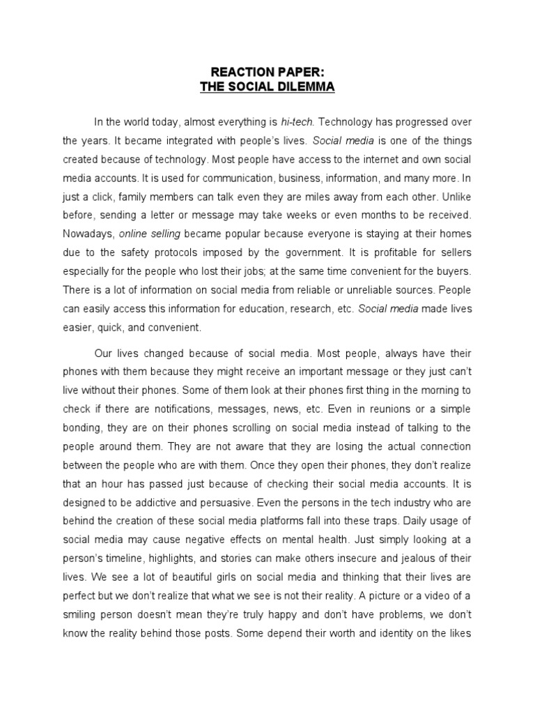 Reaction Paper - The Social Dilemma | PDF | Social Media | Popular ...