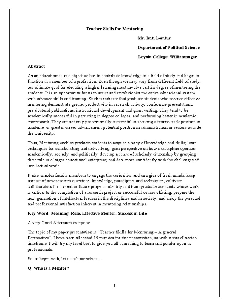 Teacher Skills For Mentoring | Download Free PDF | Mentorship | Teachers