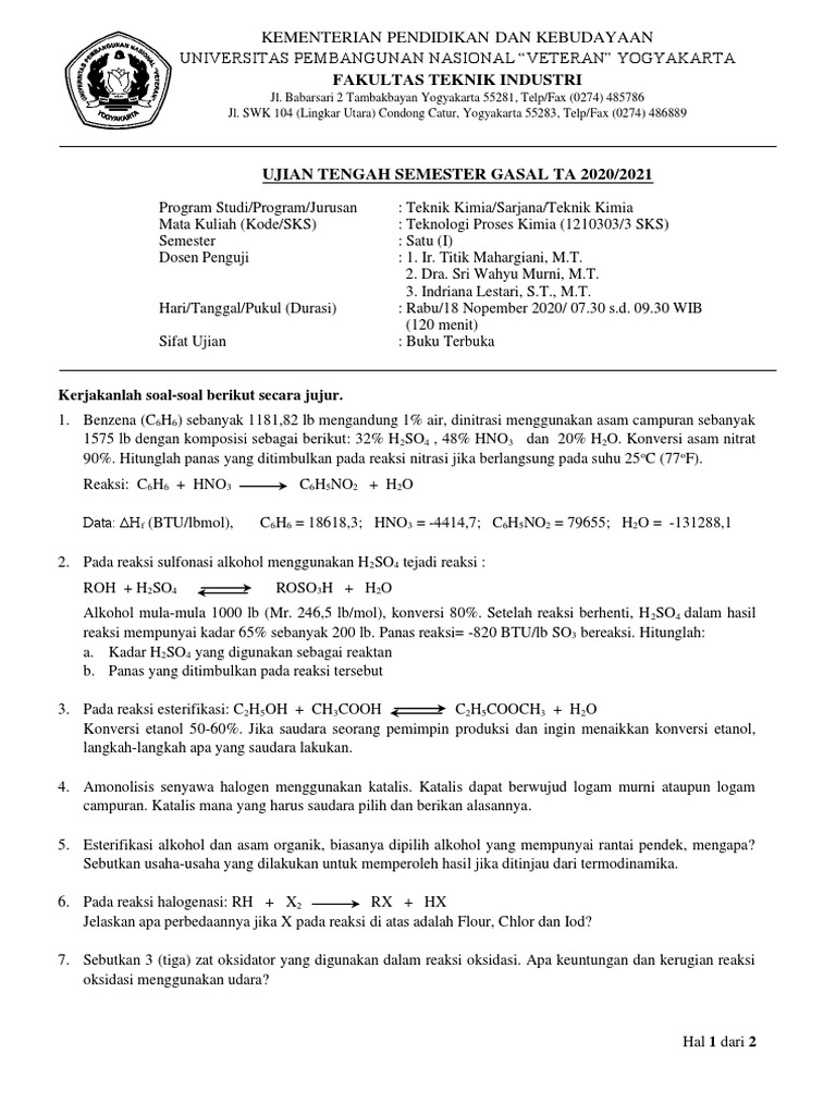 Teknologi Proses Kimia (UTS) | PDF