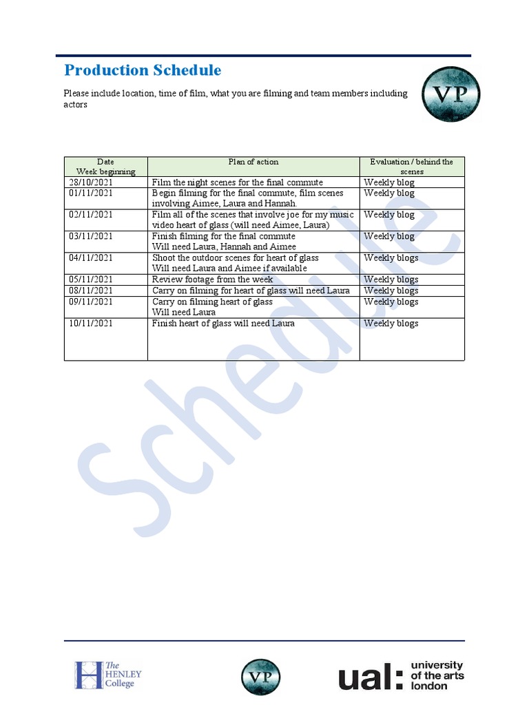 Production Schedulefilming | PDF