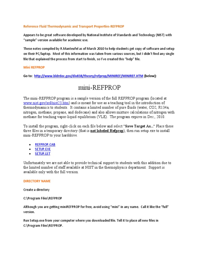 mini-REFPROP: Reference Fluid Thermodynamic and Transport Properties ...