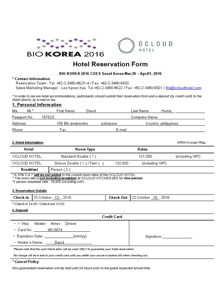 Hotel Reservation Form: 1. Personal Information | PDF | Credit Card ...