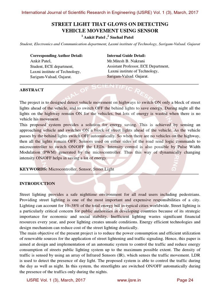 Street Light That Glows On Detecting Vehicle Movement Using Sensor ...