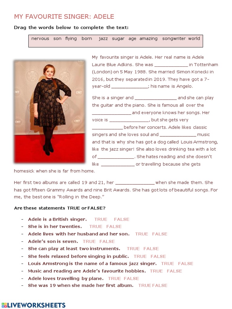 My Favourite Singer: Adele: Drag The Words Below To Complete The Text | PDF