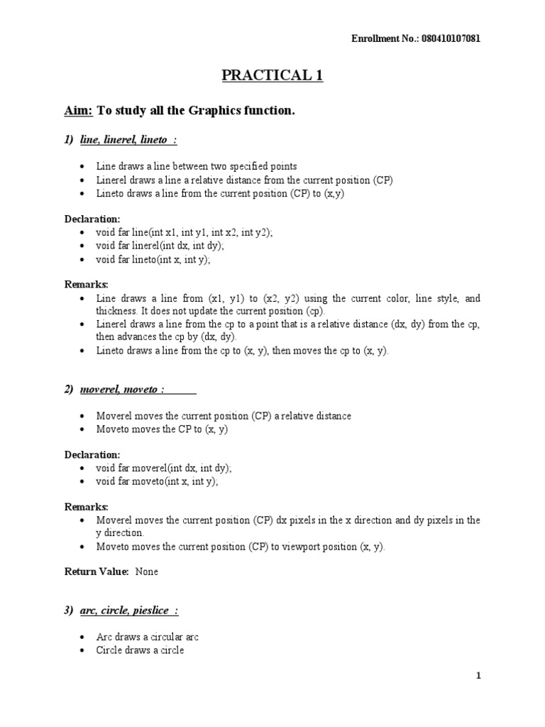 Practical 1: Aim: To Study All The Graphics Function | PDF | Ellipse | Computer Graphics