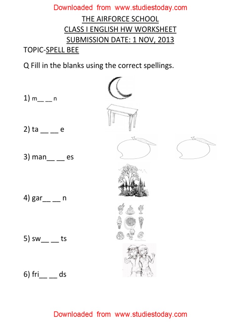 CBSE Class 1 English Worksheets (53) - Spell Bee | PDF