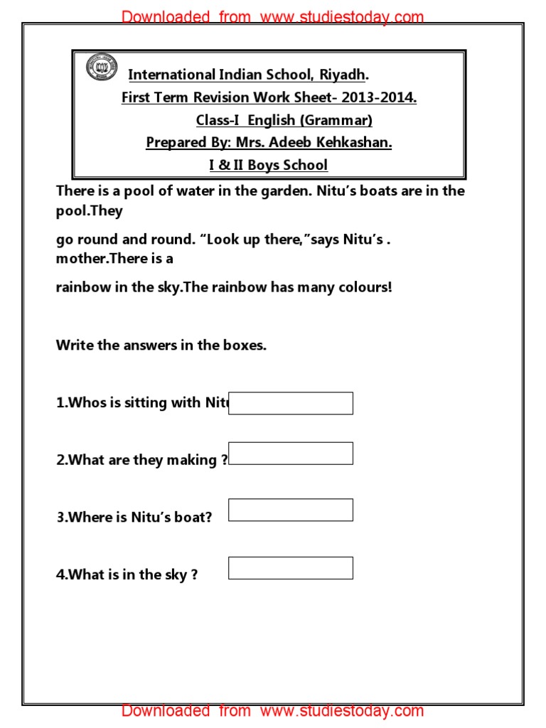 CBSE Class 1 English Worksheets (72) - English Grammer | PDF | Linguistics