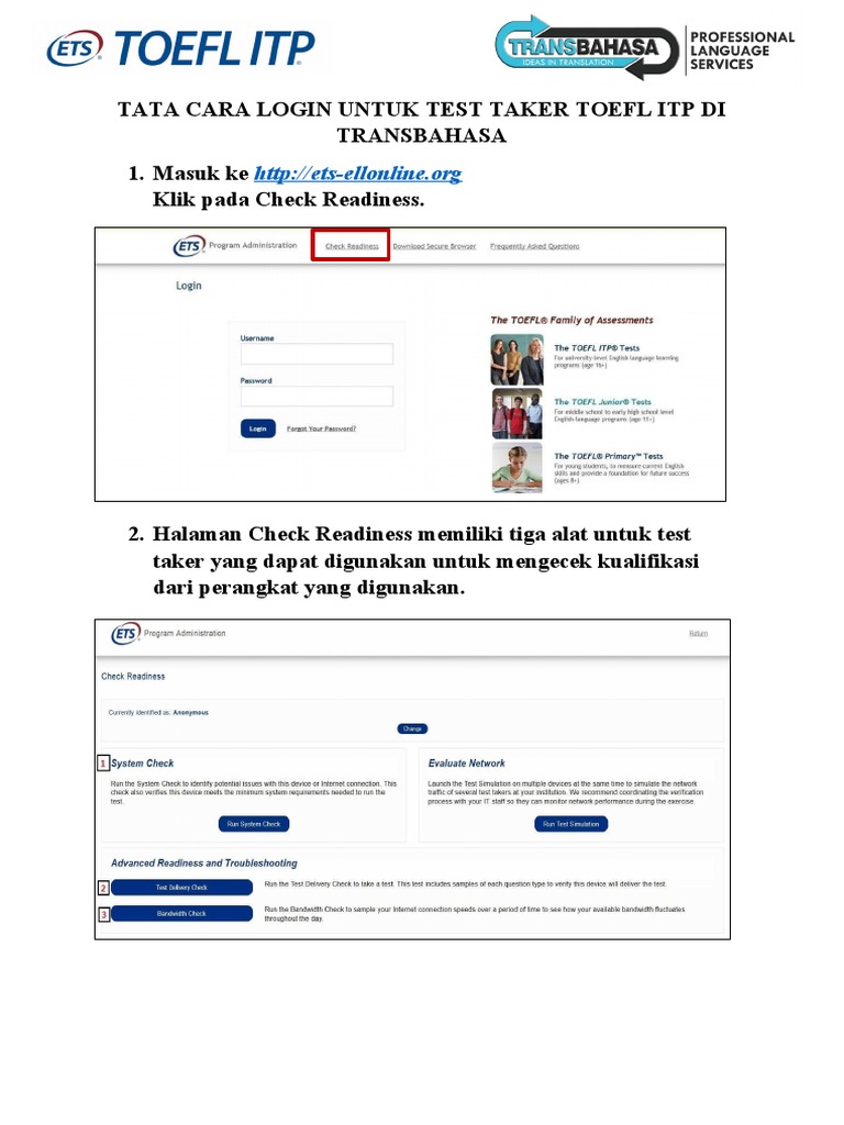 Tata Cara Login Untuk Test Taker Toefl Itp Di Transbahasa | PDF
