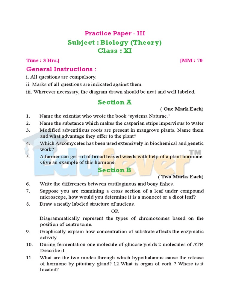 Biology Sample Papers 1 | PDF | Enzyme | Cell (Biology)