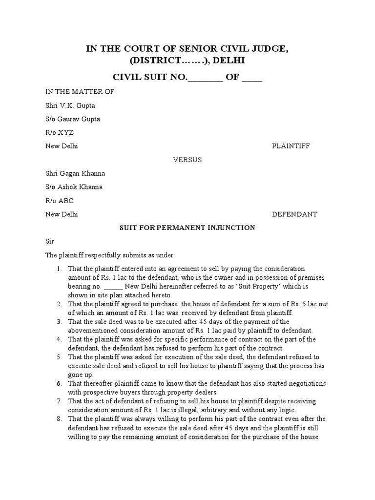Suit For Permanent Injunction | PDF | Lawsuit | Private Law