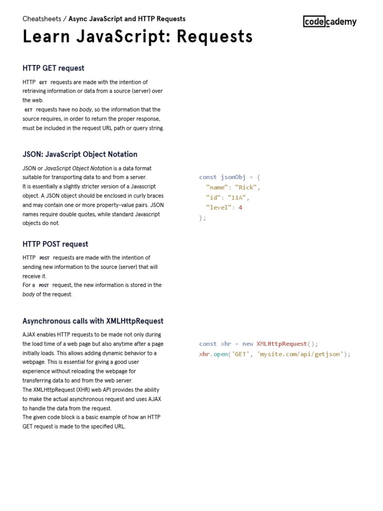 Async Javascript And Requests Learn Javascript Requests Cheatsheet Codecademy Pdf 