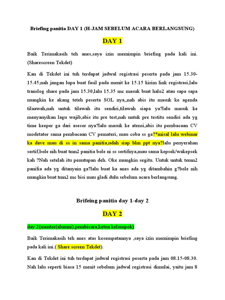 Briefing Panitia DAY 1 & 2 | PDF