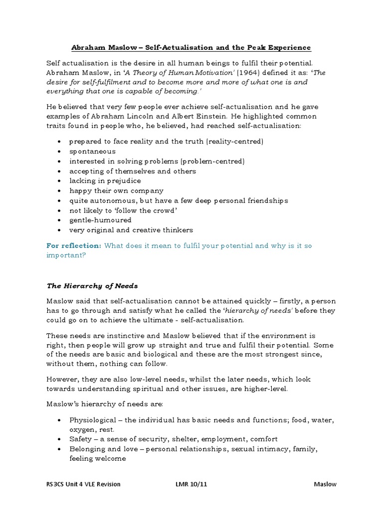 Self Actualisation and Peak Experiences | PDF | Self Actualization ...