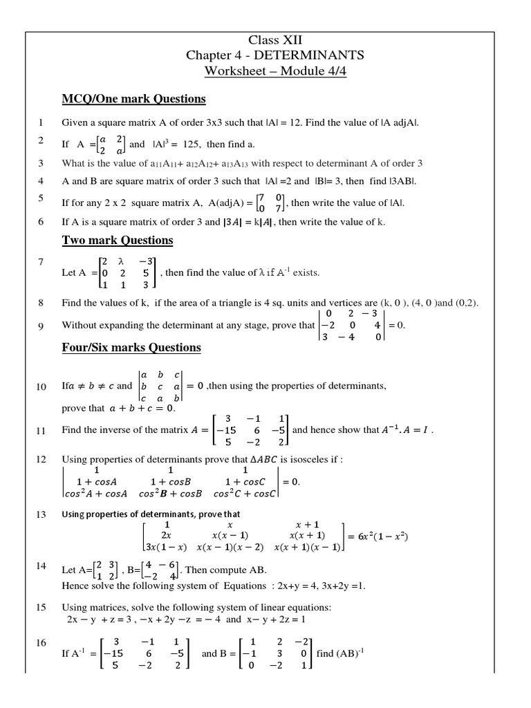 Worksheet - Module 4 (Class 12 Maths Chapter 4 Determinants) by Mini ...