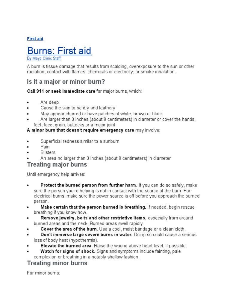 Burns: First Aid: Is It A Major or Minor Burn? | PDF | Burn | Medical ...