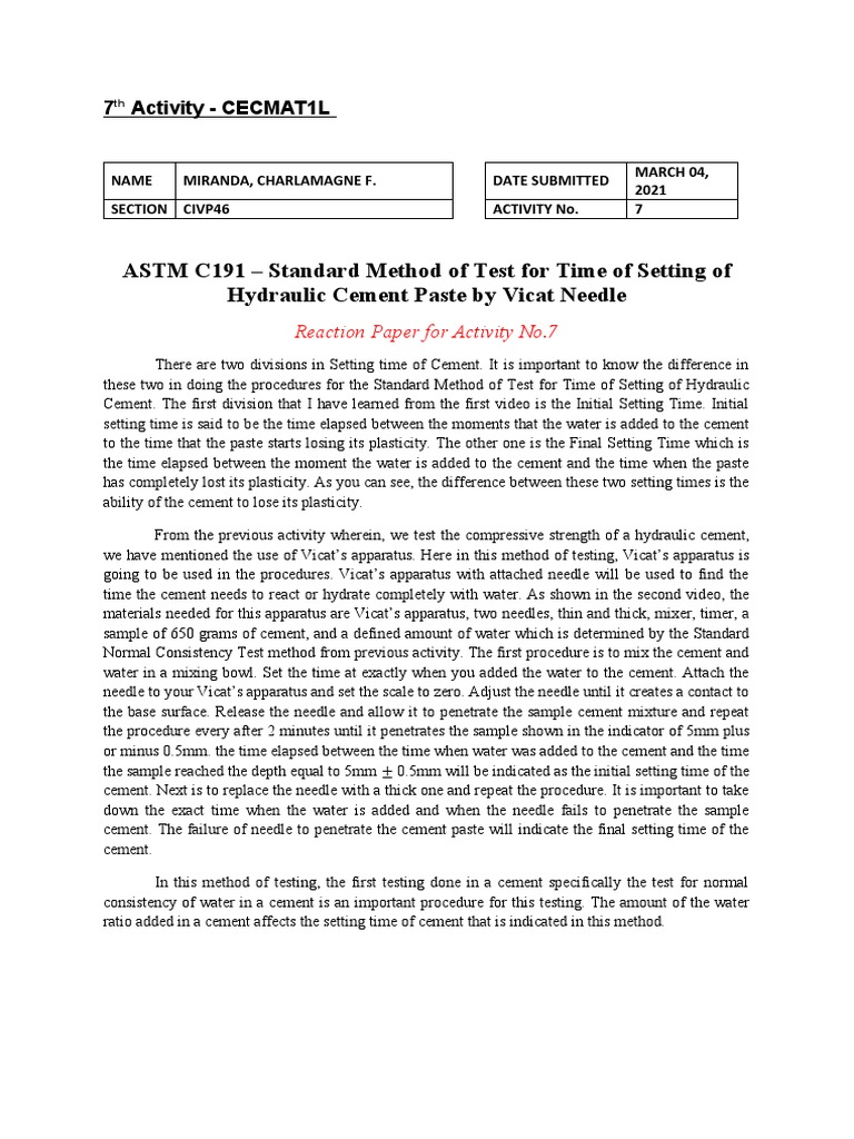 ASTM C191 - Standard Method of Test For Time of Setting of Hydraulic ...