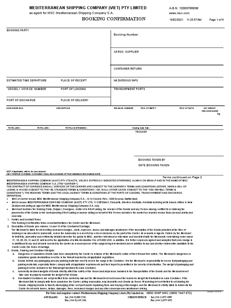 MSC Booking Confirmation Details | PDF | Bill Of Lading | Common Law